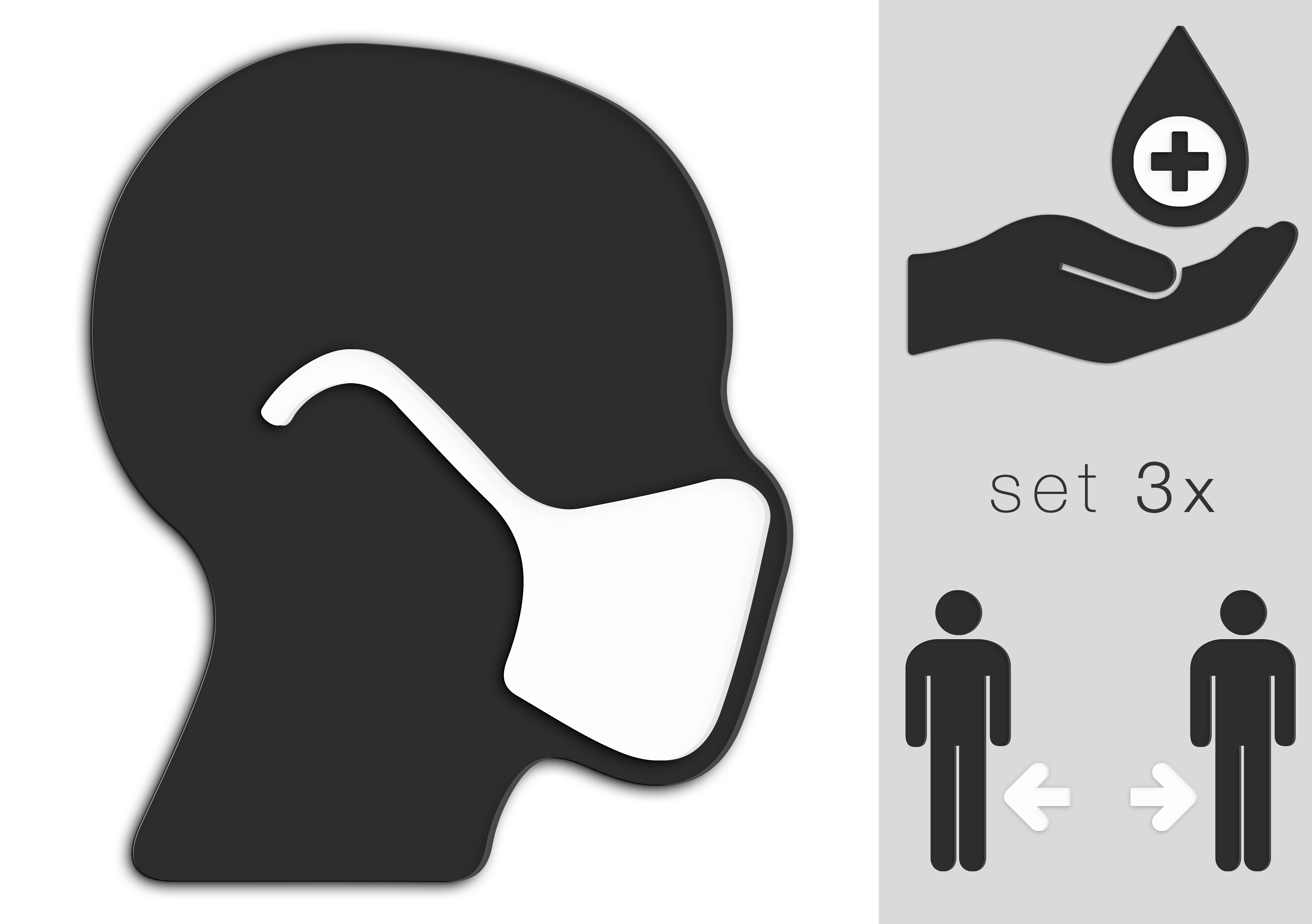 Hygiene precautions Symbols, Set 3x - Mask, Hands, Social Distancing