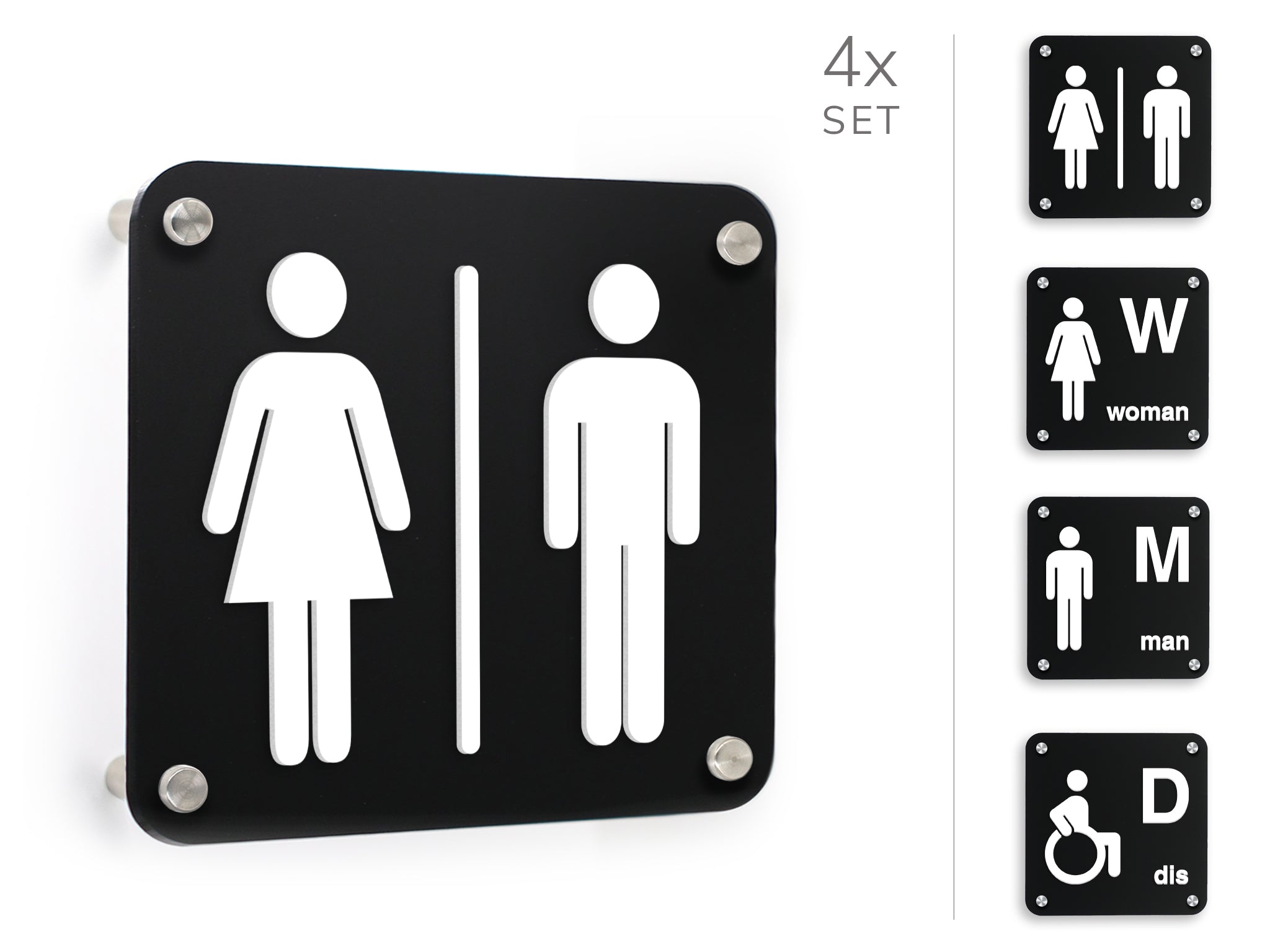 Classic White, 4x Restroom Set - Stand Off Toilet Signs | SIGNS.style